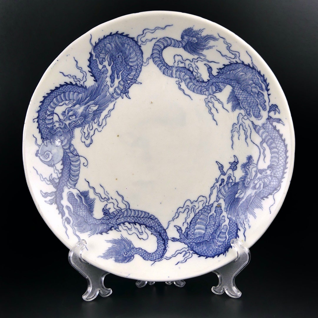 Chinese Flat Plate With 2 Dragons in Thick blue and White Type ...
