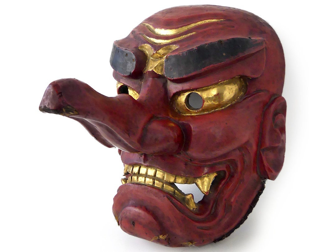 Old Tengu Mask in Carved Wood Noh Theater Japanese Culture Collector's ...