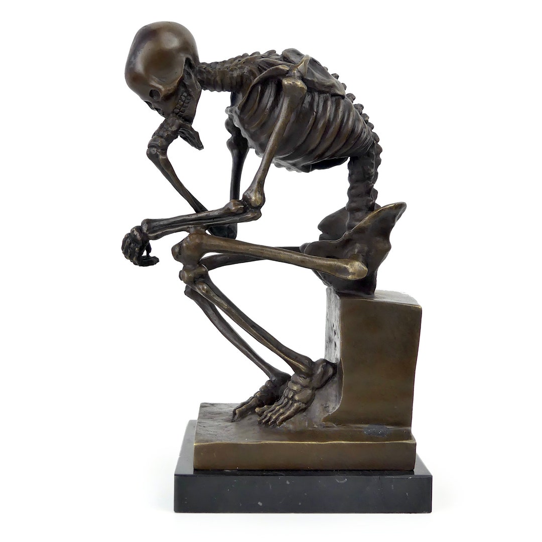 Bronze Solid Thinker Skeleton on Black Marble Base Signed Milo Modern ...