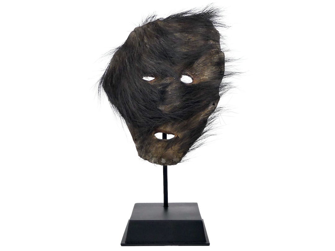 Gurung Shaman Mask in Leather and Yak Hair on Black Metal Base ...