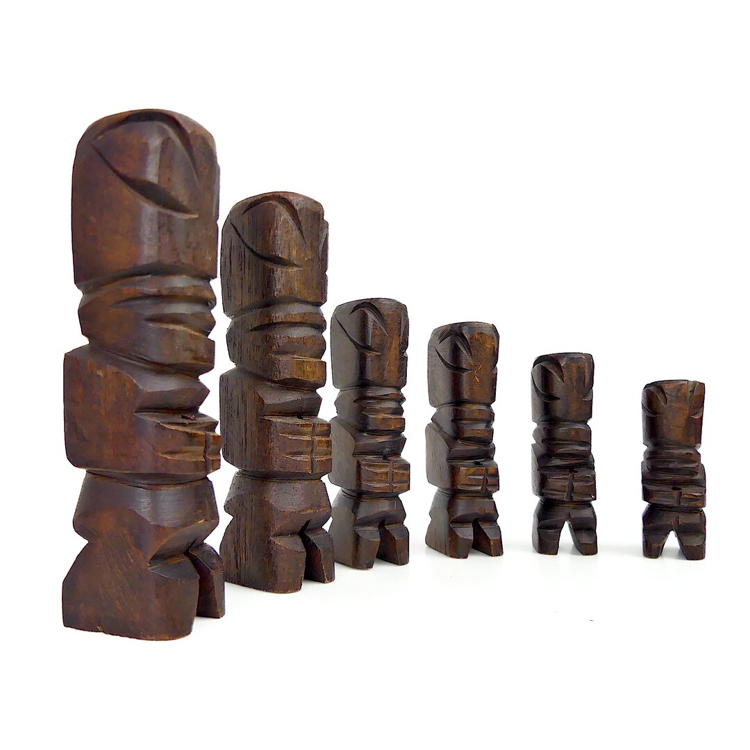 Family of 6 Polynesian Tikis Carved in Dark Wood French Polynesia Déco ...