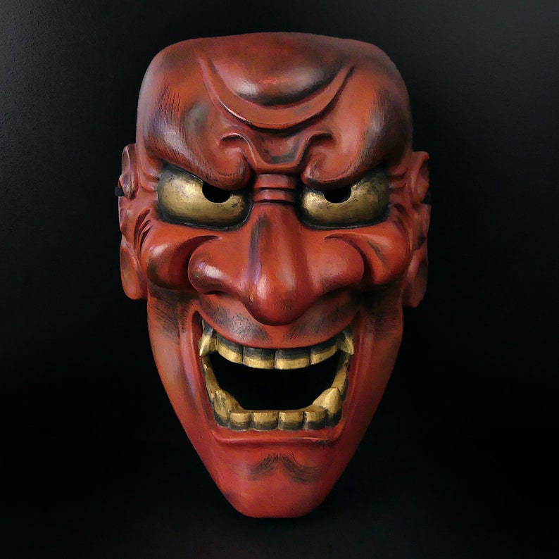 Antique Shikami Noh Mask – Red Lacquered Wood, Heisei Era - Etsy