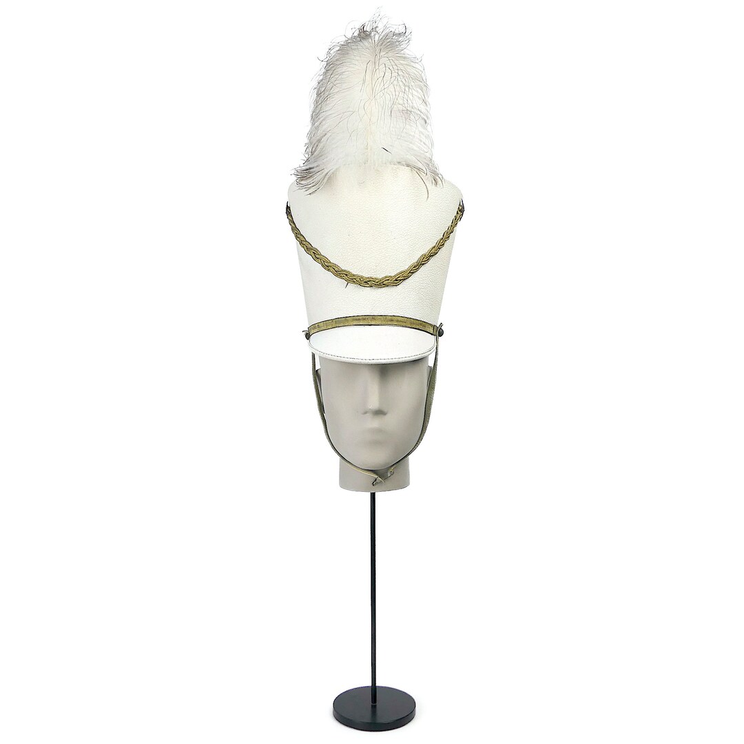 White and Gold Majorette Shako Hat on Black Metal Stand Mid-20th ...