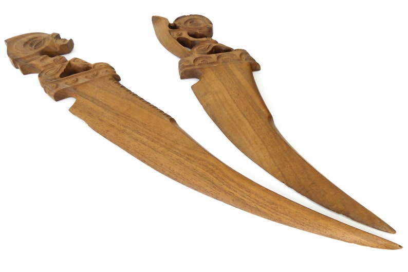 Two Miro Tiki Knives Carved on One Side - Polynesian Craftsmanship ...