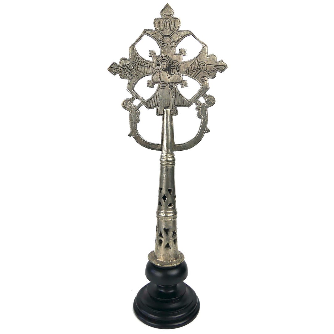 Small Ethiopian Coptic Orthodox Silver Cross on a Black Turned Wood ...