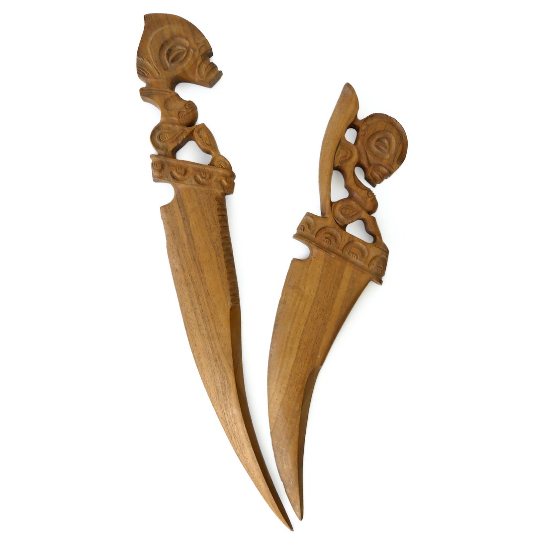 Two Miro Tiki Knives Carved on One Side - Polynesian Craftsmanship ...