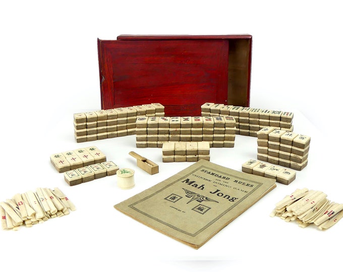 Ancient Chinese Mahjong Game in Bamboo and Bone in Its Red Stained ...
