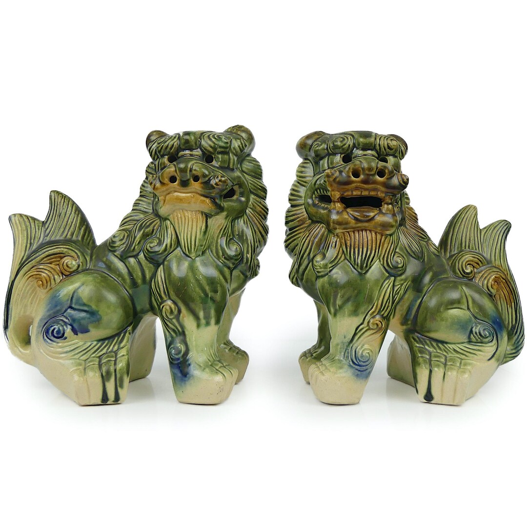 Pair of Okinawan Japanese Porcelain Shisa Lions - Shi-shi - Shōwa ...