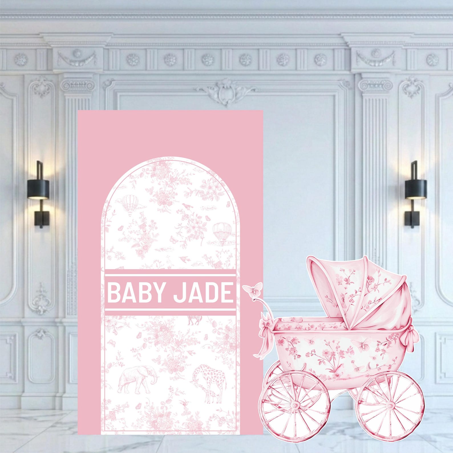 Toile De Jouy Backdrop With Toile De Jouy Pram Cutout - Personalized ...