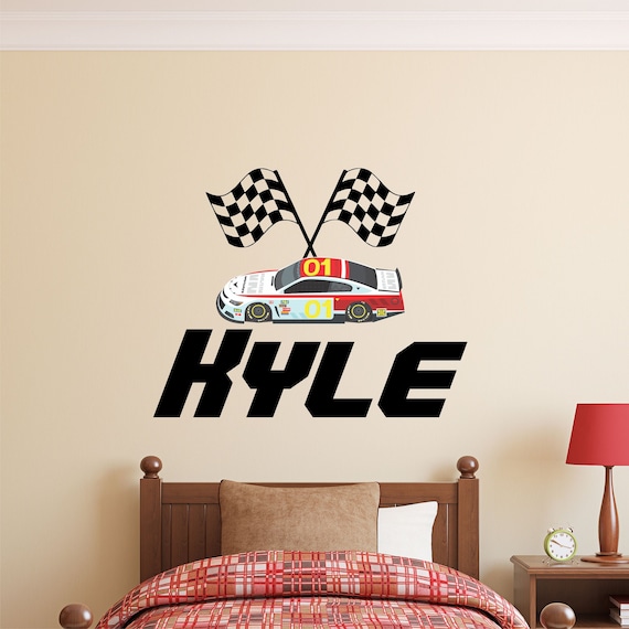 Personalized Name Wall Decal With Race Car Checkered Flag | Etsy