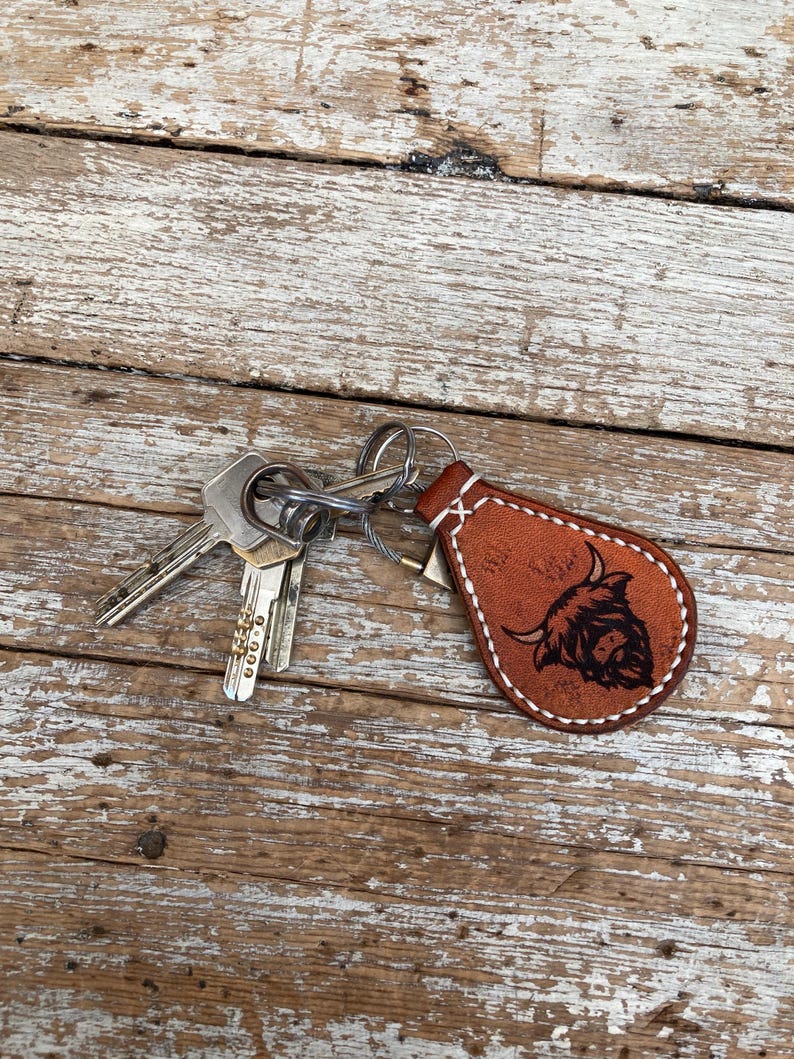 Highland Cow Key Fob Leather Key Ring Keychain Hand Made Hand Stitched ...