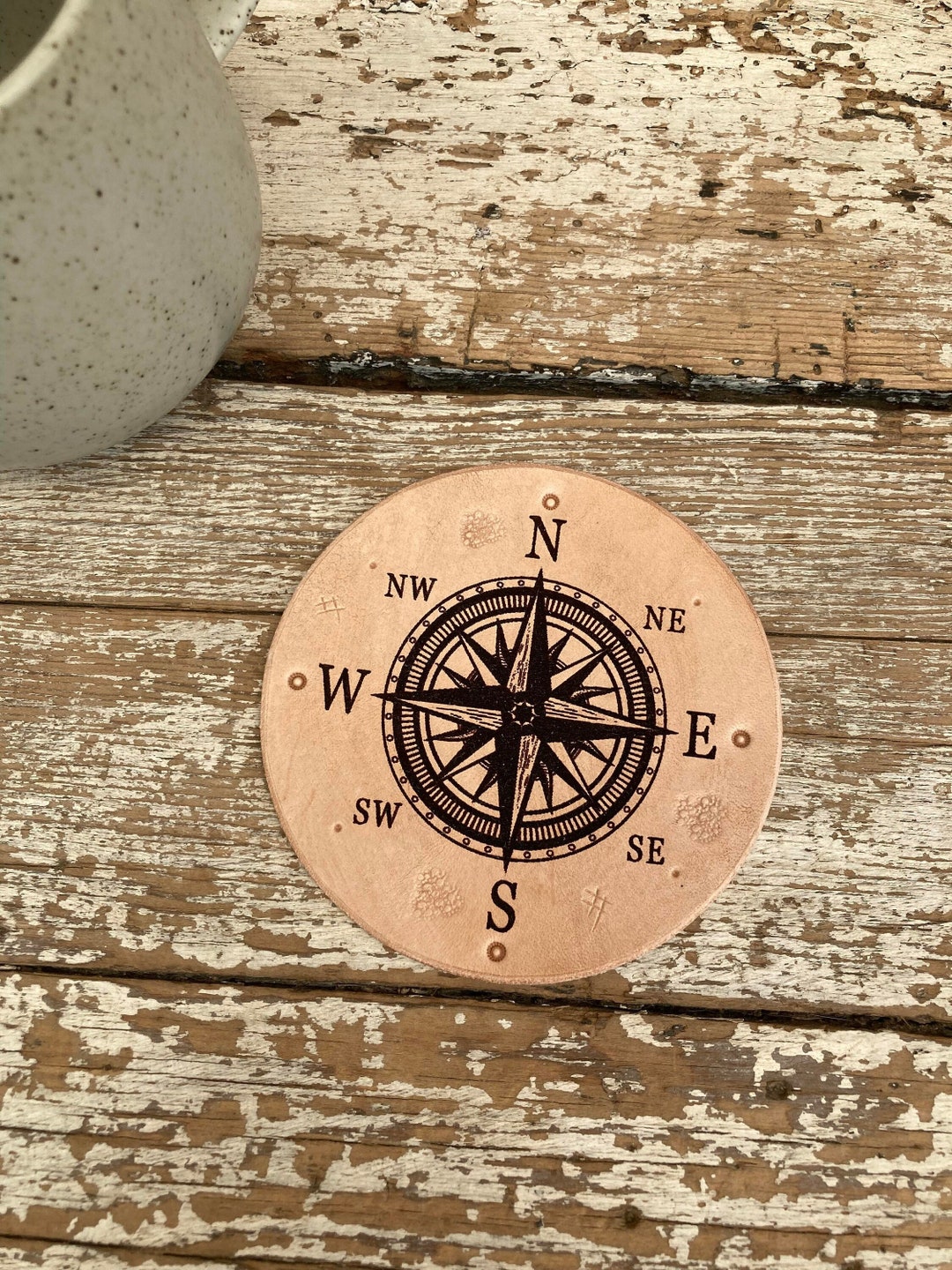 Compass Coaster Leather 4 Inch Round Veg Tan Gift Tea Coffee Keepsake ...