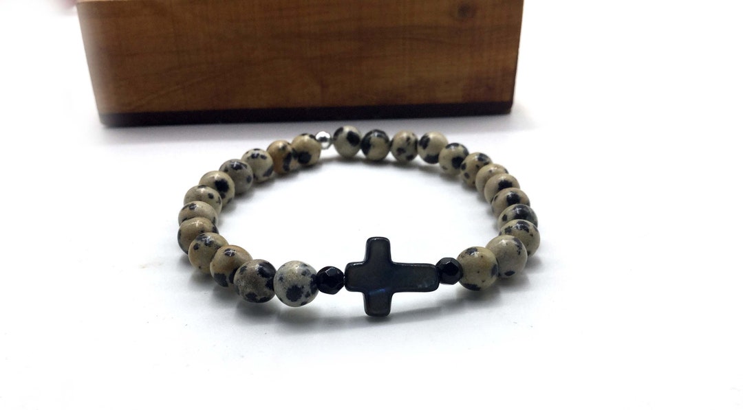 Jade Dalmata Bracelet, Cross Bracelet, Nacre Cross, Gray Nacre ...