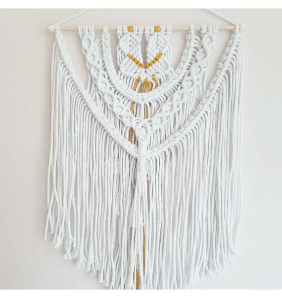 White Macrame Wall Hanging With Mustard Accents / Smiley Face | Etsy