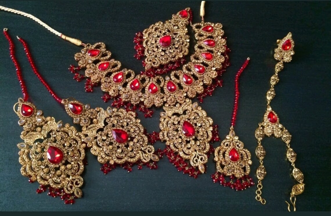 Indian Jewelry red gold bridal jewellery set necklace earrings | Etsy