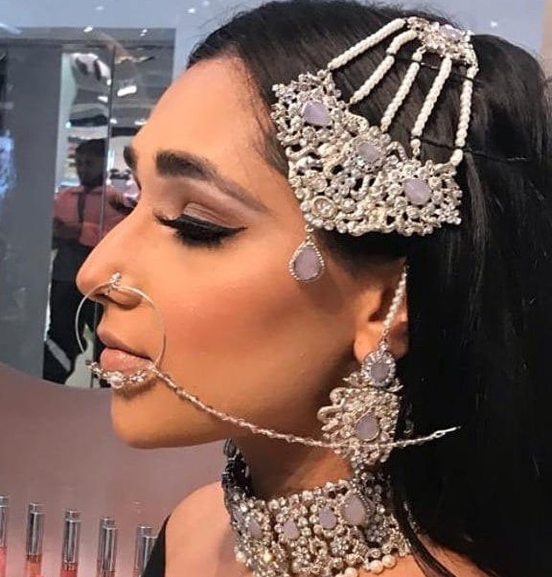 Silver Plated Nath Indian Jewelry Silver Nose Ring Bridal Jewels Grey ...