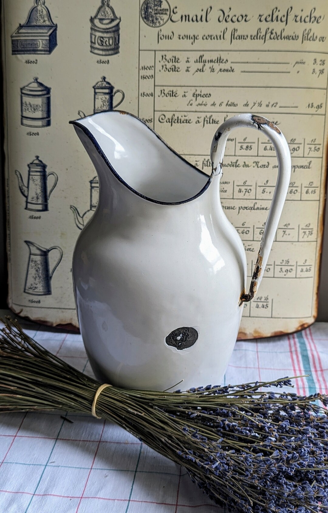 Antique White Enamel Pitcher - Etsy