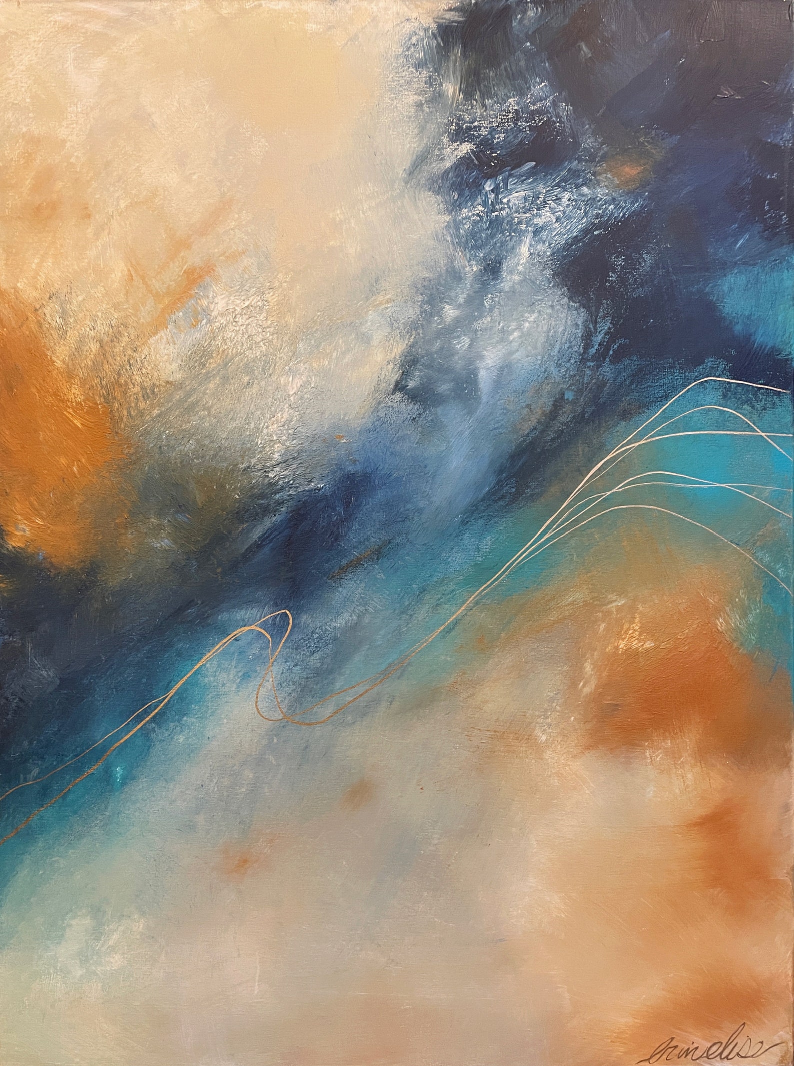 Original Abstract Art in Navy, Turquoise, Teal, Camel, Ochre, White ...