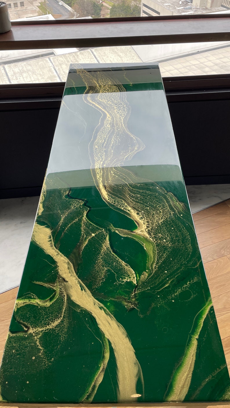 Custom Emerald Green, Gold, Black Console Bar Coffee Narrow Thin Resin ...