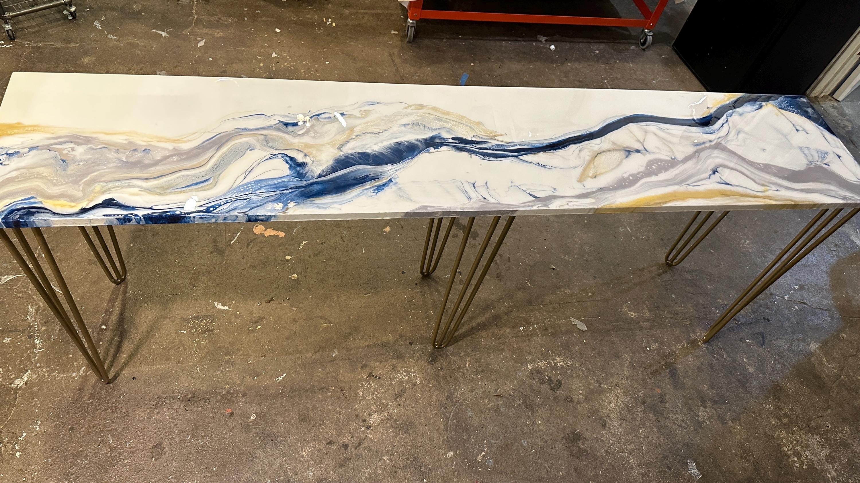 Resin Console Table – Navy Gold Mint Epoxy, Hairpin Legs, Handmade ...
