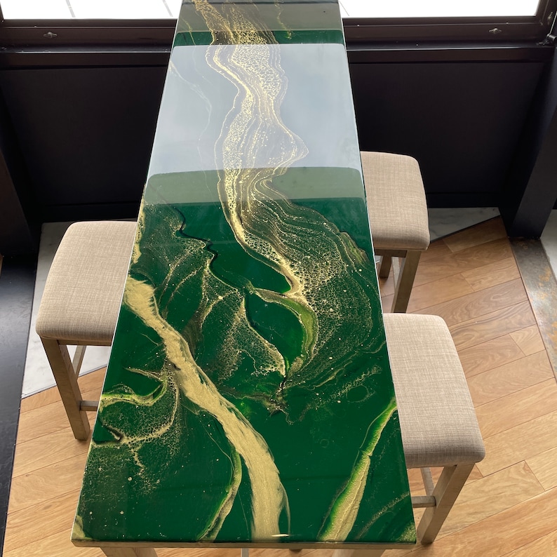 Custom Emerald Green, Gold, Black Console Bar Coffee Narrow Thin Resin ...