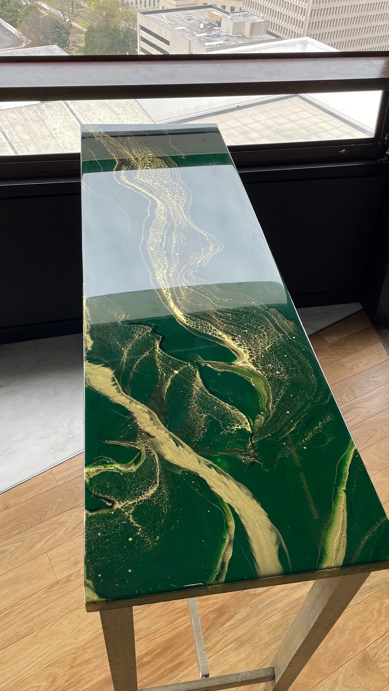 Custom Emerald Green, Gold, Black Console Bar Coffee Narrow Thin Resin ...
