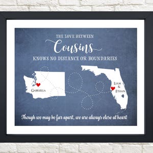 Gift for Cousin, Christmas Gift, Long Distance Cousin Map, Personalized ...
