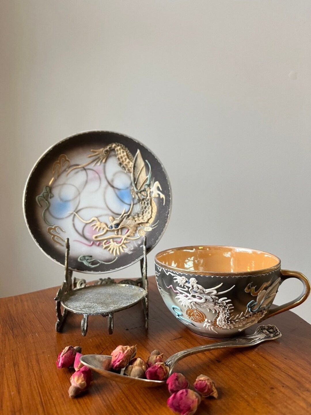 Moriage Dragonware Teacup and Saucer With Highly Decorative Brass ...