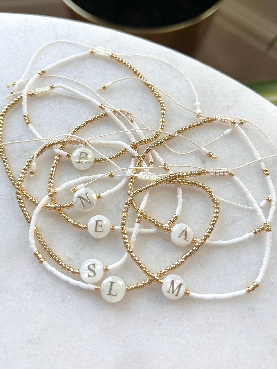 Beaded Initial Bracelet With Pearl Letter Charm Bead - Etsy