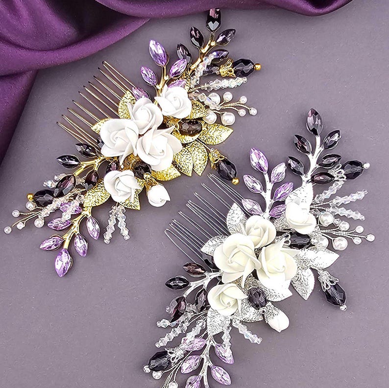 Purple Lilac Bridal Hair Comb Lavender Wedding Hairpiece Purple Crystal ...