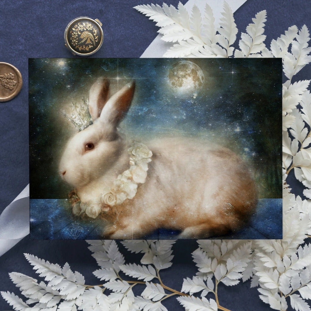 White Rabbit Moon Card Fantasy Hare Moon Fairy Tale Mythic Unique Blank ...