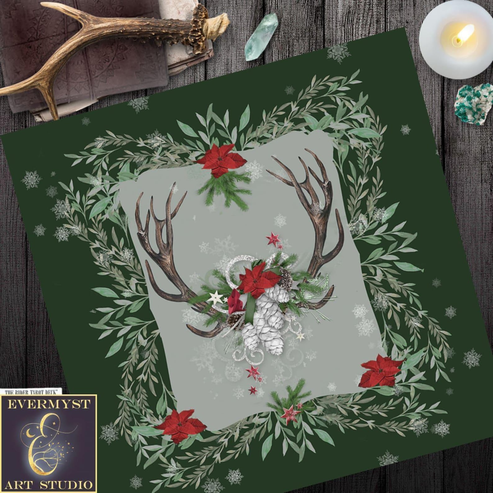 Yule Fabric Table Topper - Winter Antlers Botanical Cottage Display ...
