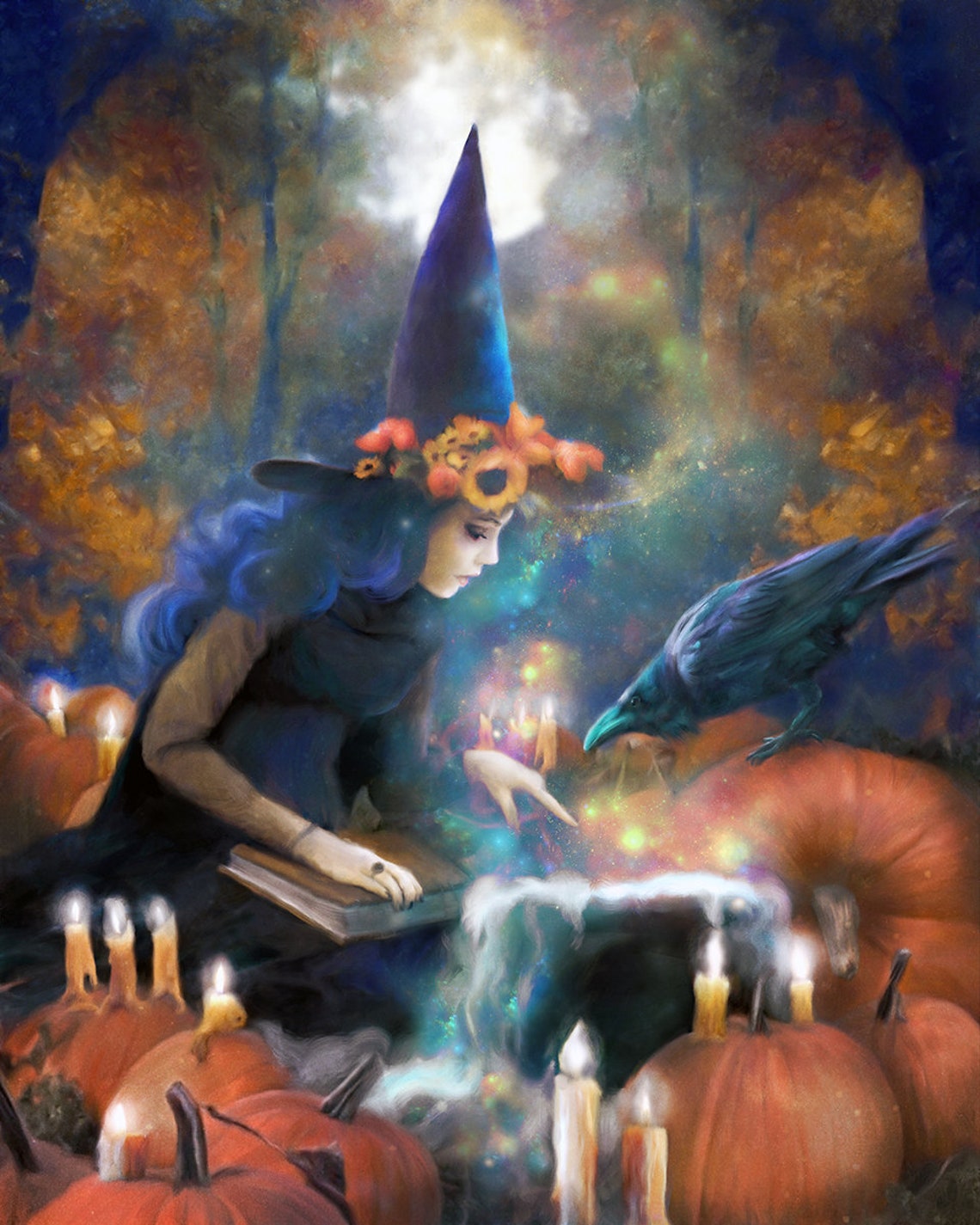 Fall Harvest Witch And Pumpkins Art Print Witch Decor Witch | Etsy