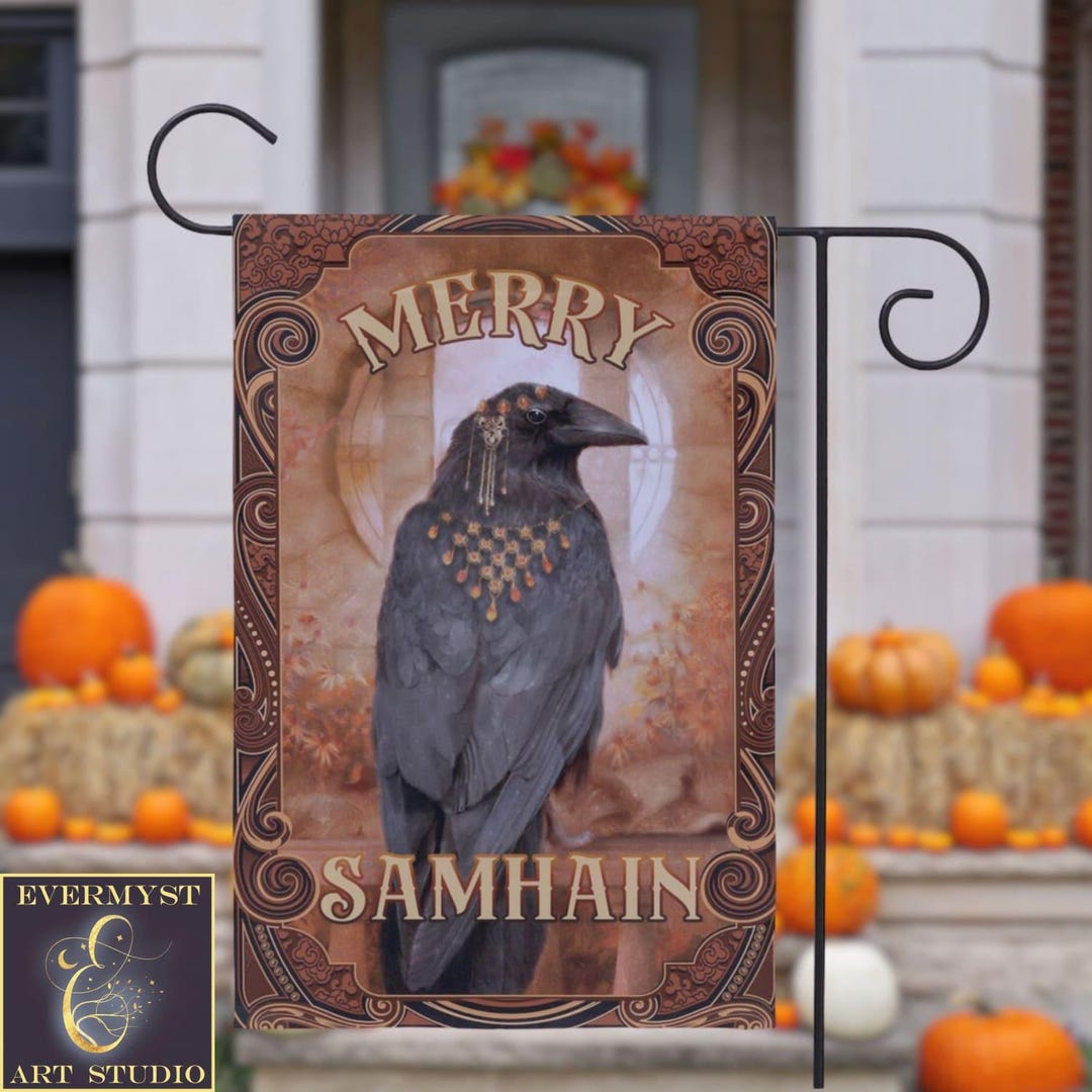 Merry Samhain Raven Garden Flag Witchy Crow Wicca Autumn Season Yard ...
