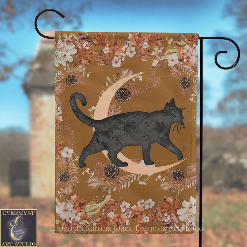 Black Cat Moon Fall Garden Yard Banner Flag Orange, Autumn Exuinox ...