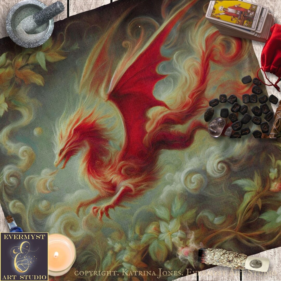 Red Dragon Fabric Table Topper | Mythic Fantasy Decorative Textile ...