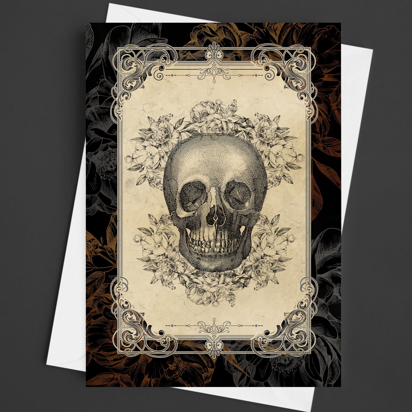 Gothic Floral Skull Greeting Card Vintage Skull Samhain - Etsy