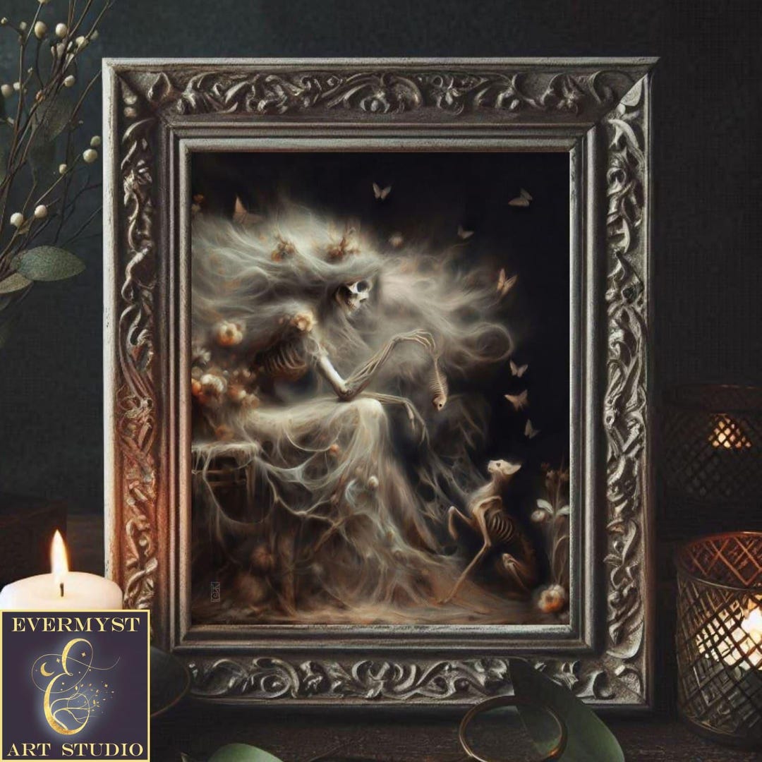 Gothic Skeleton Woman Art Print, Halloween Cottagecore Painting - Etsy