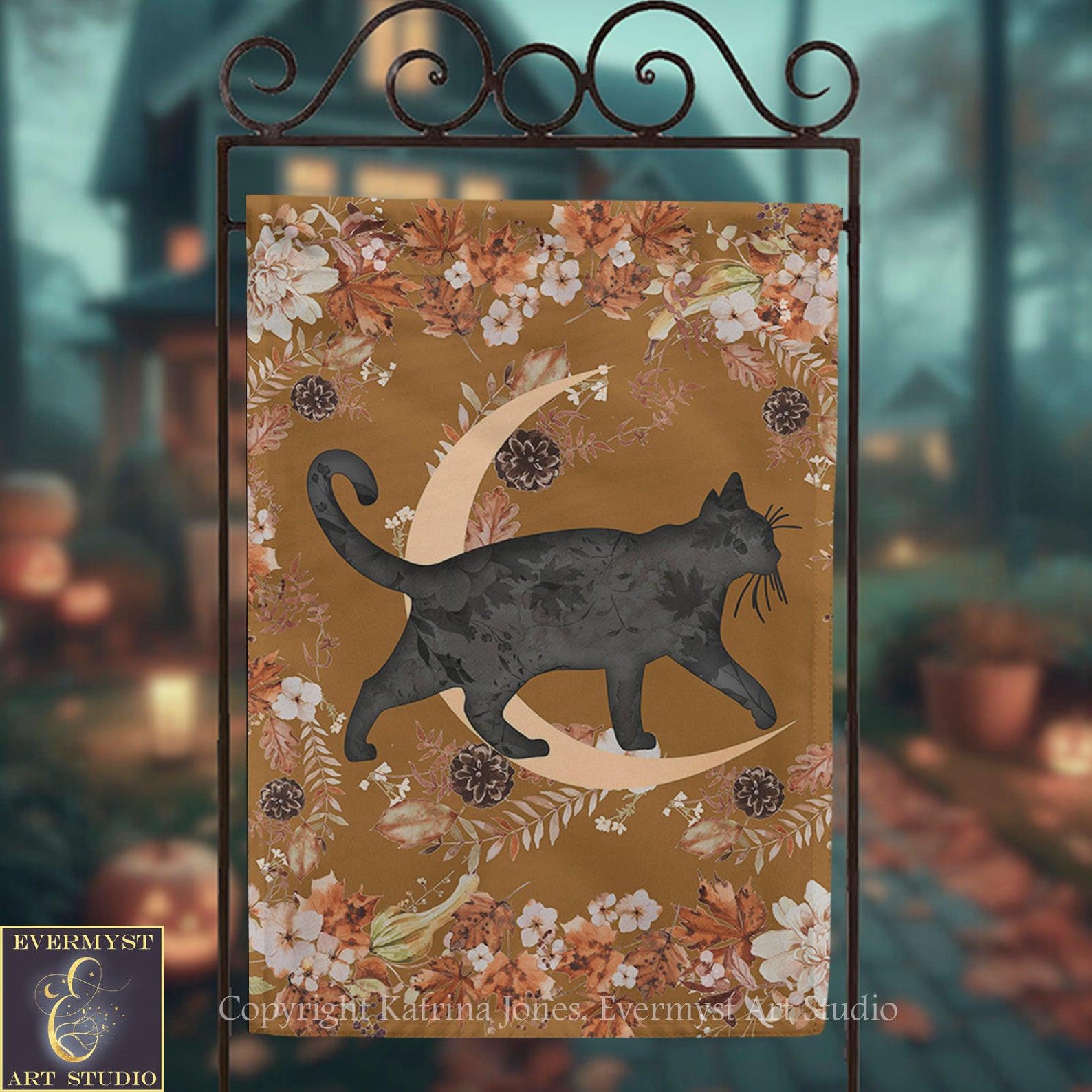 Black Cat Moon Fall Garden Yard Banner Flag Orange, Autumn Exuinox ...