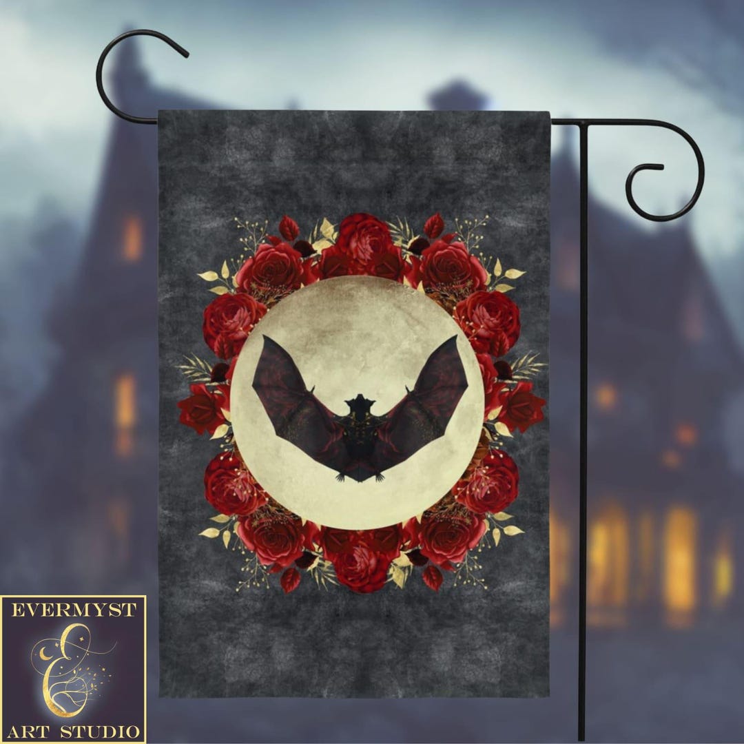 Gothic Bat Garden Yard Flag - Full Moon Roses Witchy Goth Glam Banner ...