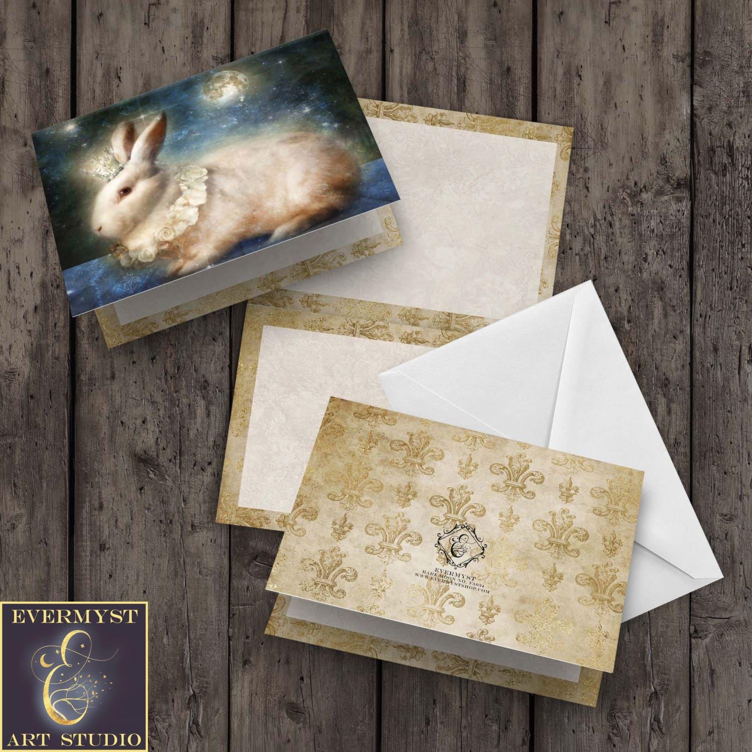 White Rabbit Moon Card Fantasy Hare Moon Fairy Tale Mythic Unique Blank ...