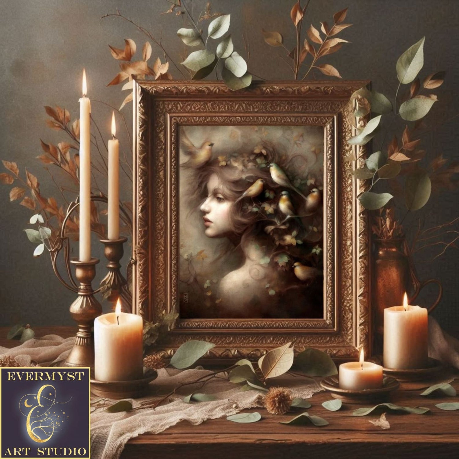 Goddess Art, Goddess Painting, Woodland Goddess With Birds, Divine ...
