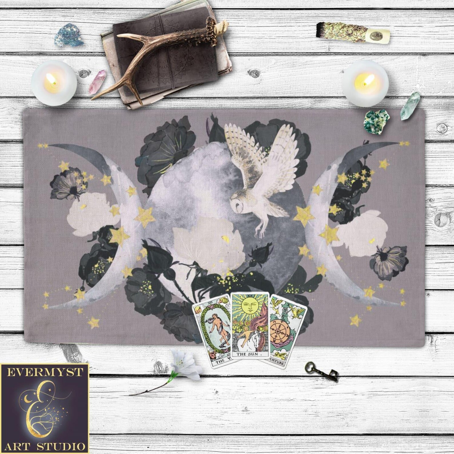 Altar Cloth - Tarot Cloth - Boho Cottage Moon Owl Altar Cloth - Dark ...