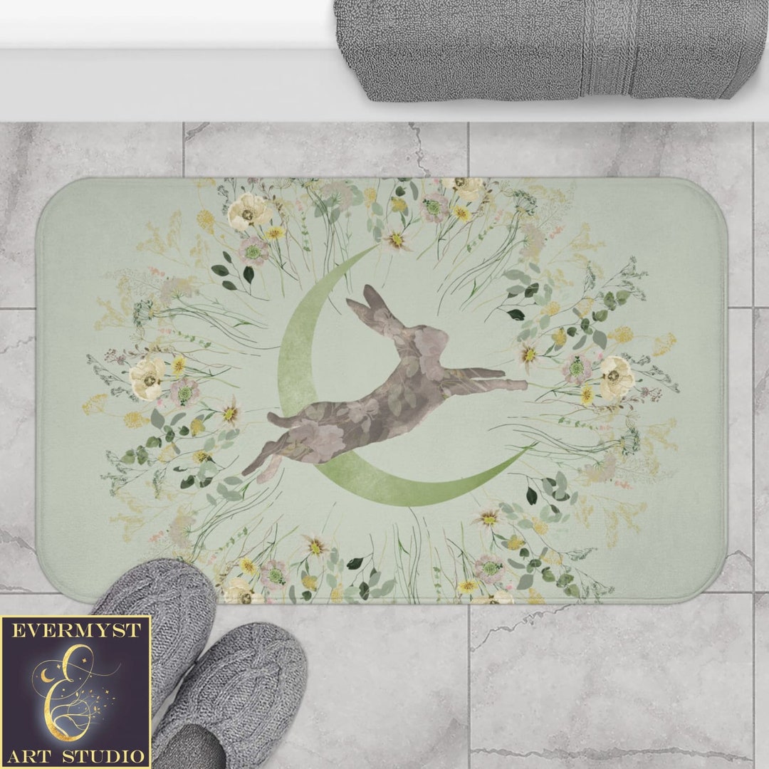 Whimsical Rabbit Bath Mat French Country Rabbit and Flowers Watercolor ...