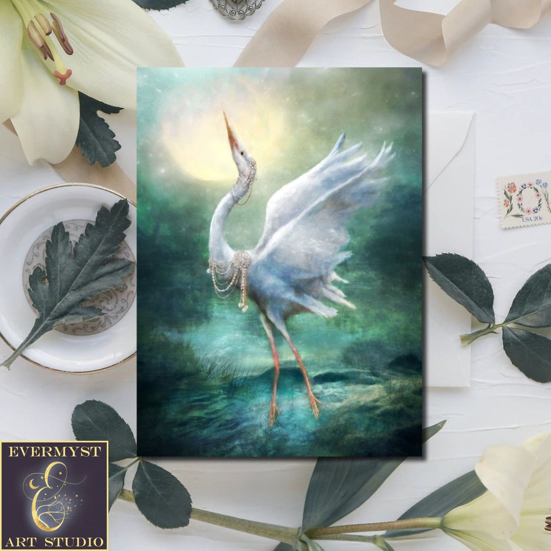 Enchanted Heron Card Fantasy Art White Bird Egret Beautiful Blank ...