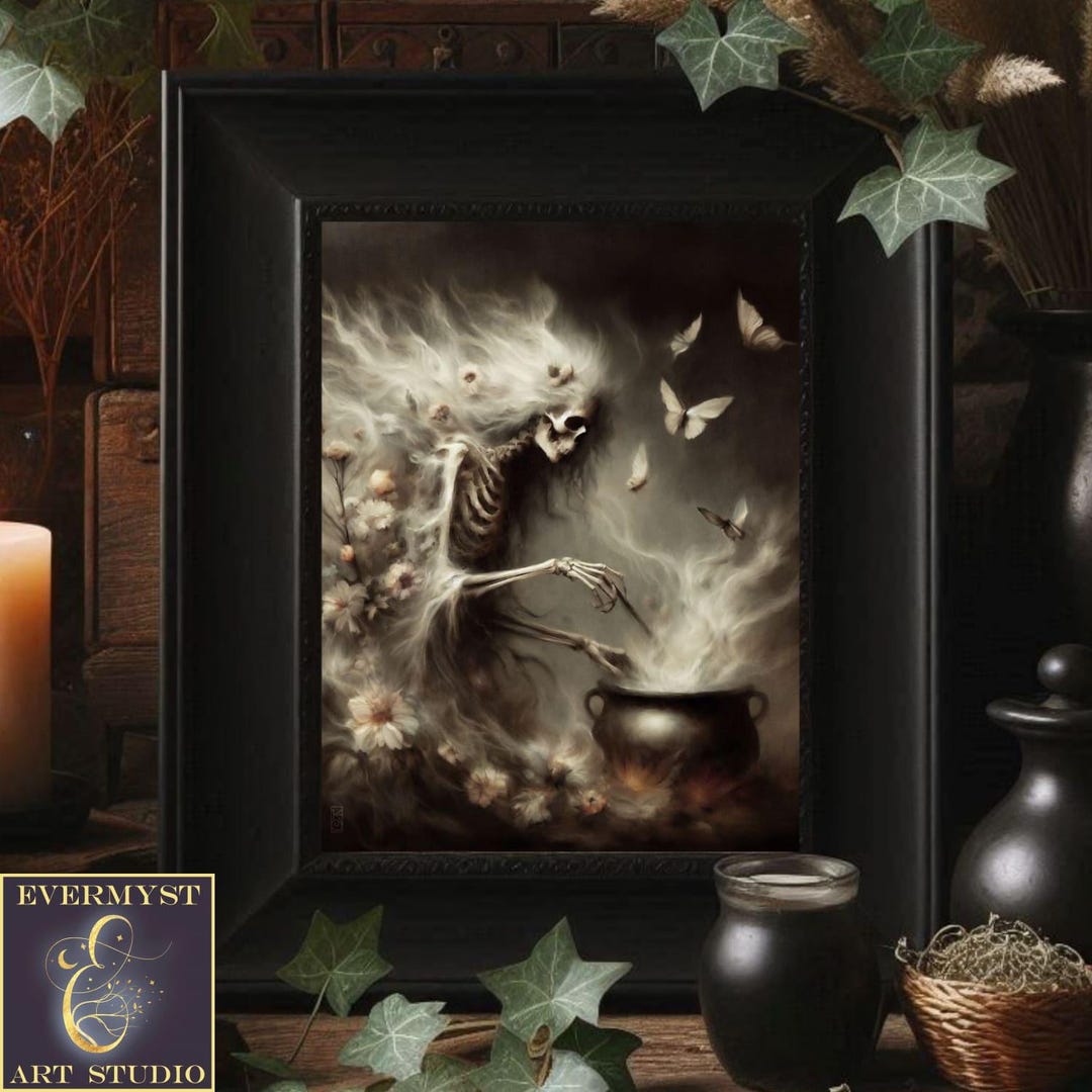 Skeleton Witch Art Print, Skeleton Woman Cottagecore Painting ...