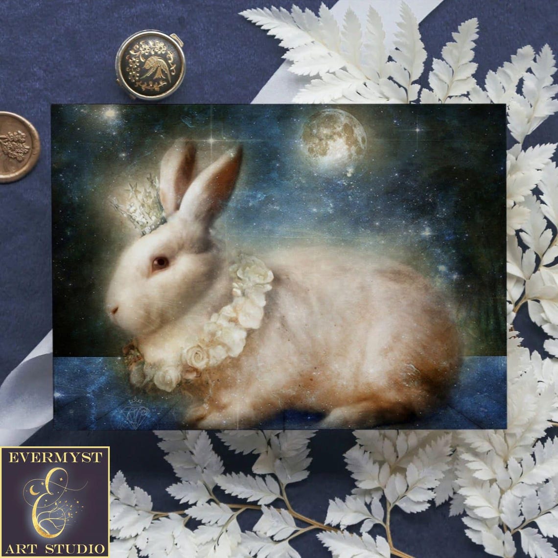 White Rabbit Moon Card Fantasy Hare Moon Fairy Tale Mythic Unique Blank ...