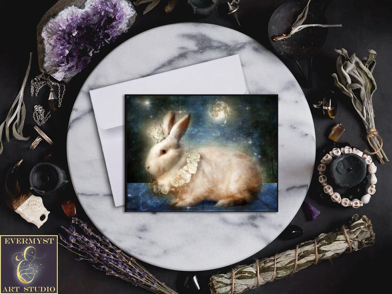 White Rabbit Moon Card Fantasy Hare Moon Fairy Tale Mythic Unique Blank ...