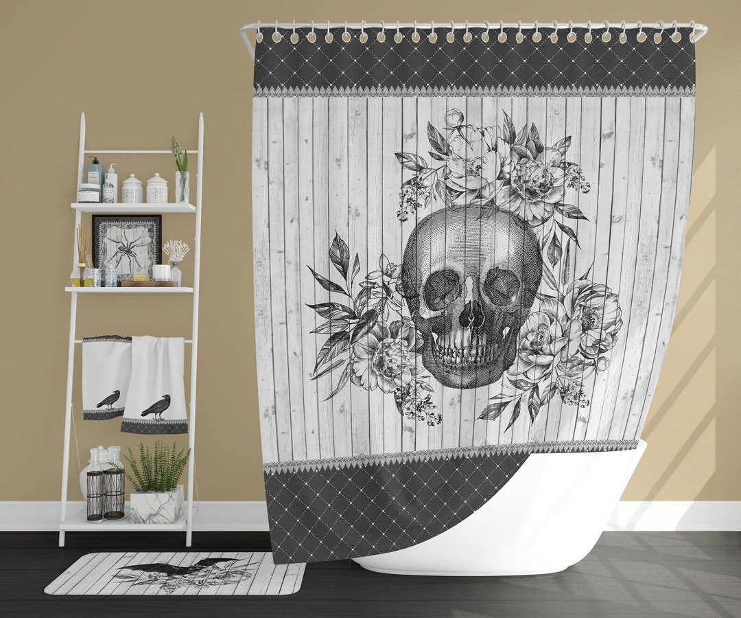 Gothic Glam Vintage Bathroom Shower Curtain Skulls Bat Raven Towels ...