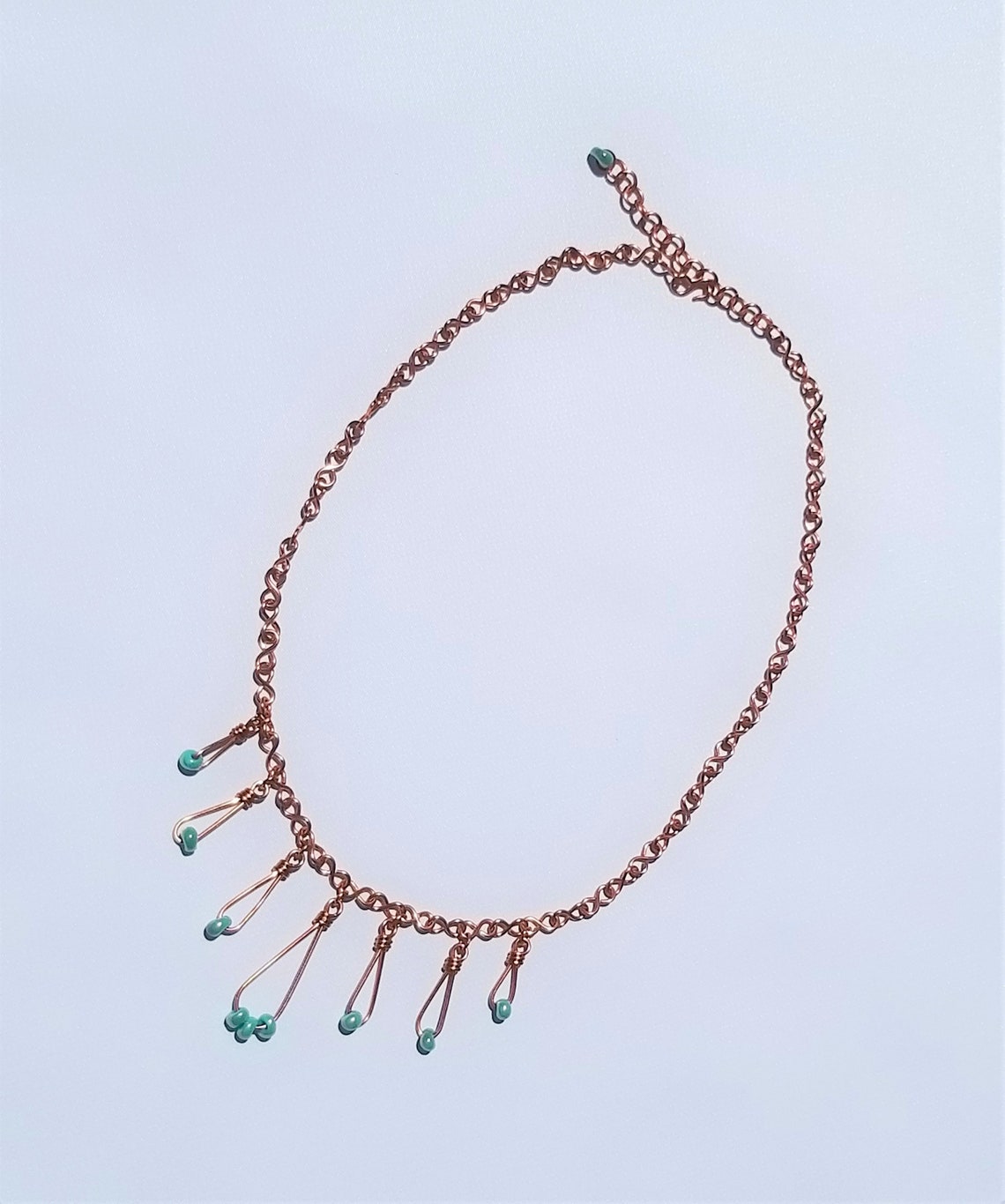 OOAK boho copper chain necklace/graduated teardrops/green | Etsy